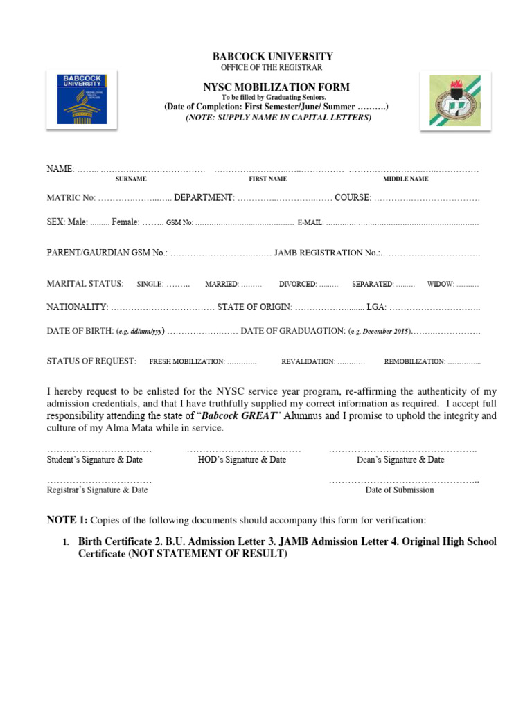 Nysc Mobilization Form | PDF