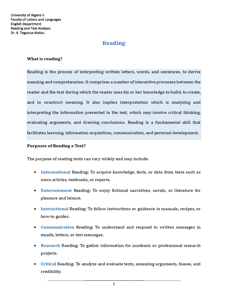 Introduction To Reading | PDF | Reading Comprehension | Critical Thinking