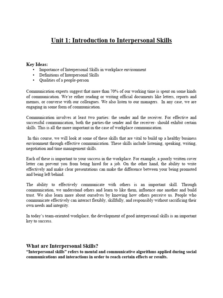 Unit 1 Introduction To Interpersonal Skills | PDF | Communication | Social Skills