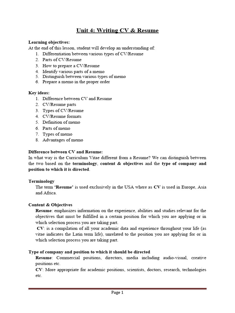 Unit 4 Writing CV Resume and Memo | PDF | Résumé