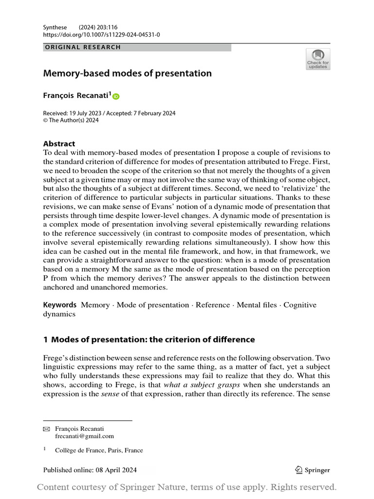 Memory-Based Modes of Presentation | PDF | Thought | Epistemology