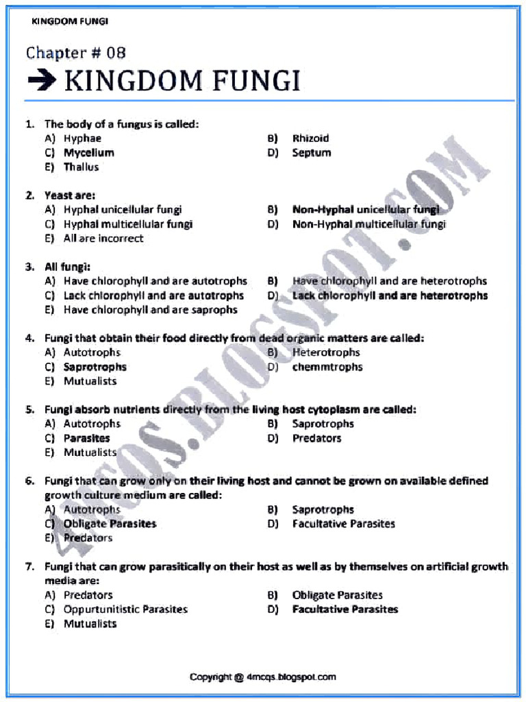 Biology XI Kingdom Fungi MCQs | PDF | Fungus | Organisms