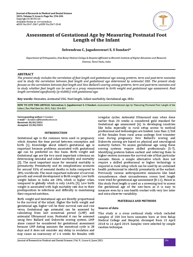 Assessment of Gestational Age by Measuring Postnatal Foot Length of The ...