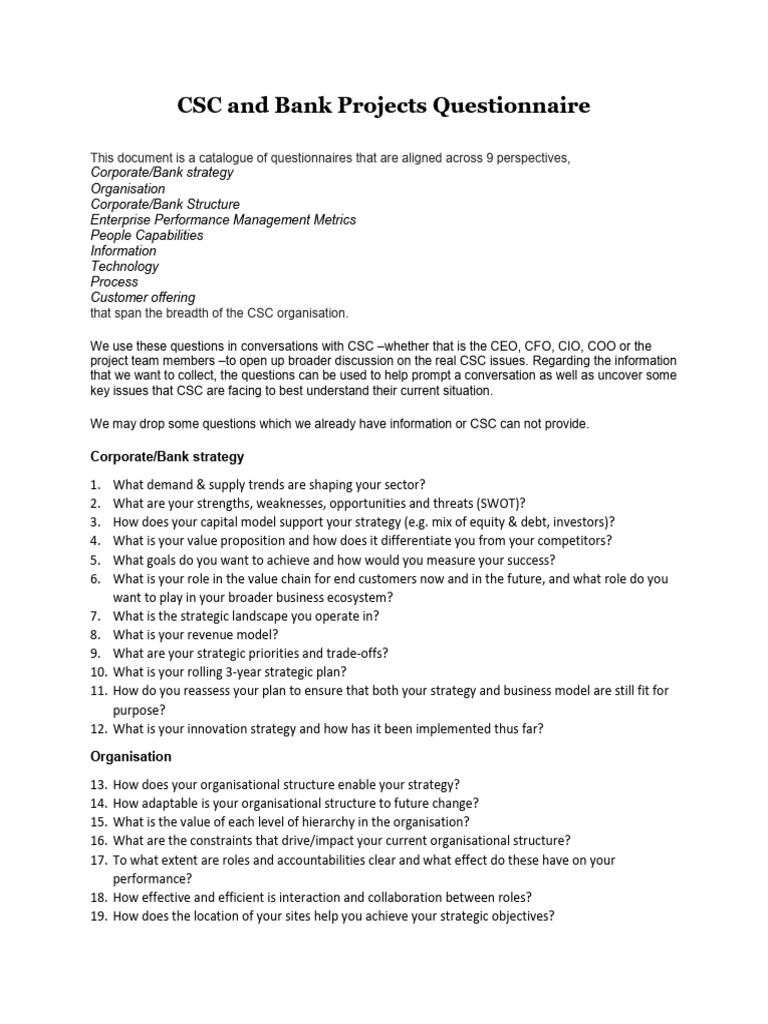 Questionaires For CSC and Bank Projects | PDF | Strategic Management | Supply Chain