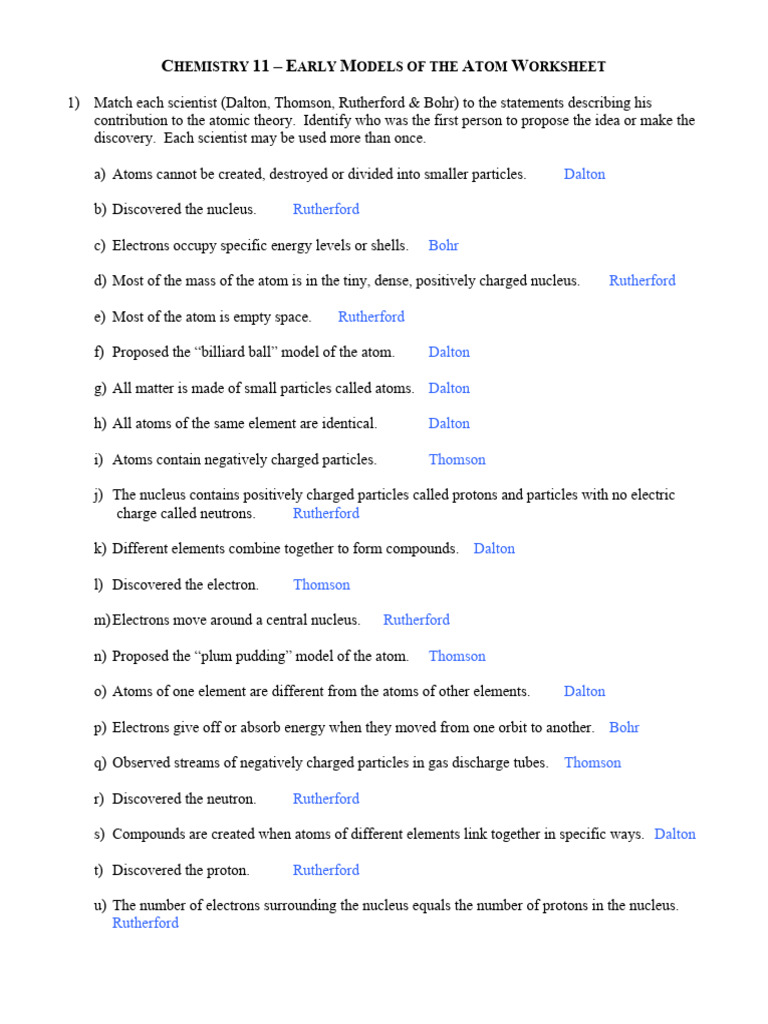 Microsoft Word - Early Models of The Atom Worksheet (Solutions) | PDF ...