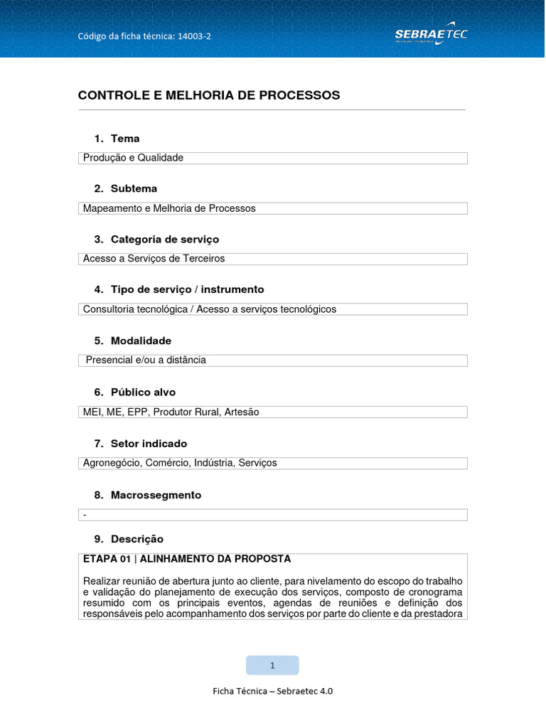 FICHA de Controle e Melhoria de Processos SEBRAETEC | PDF