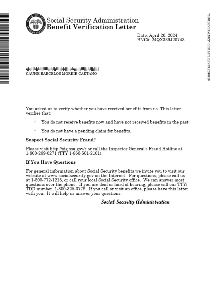Social Security Benefit Verification Letter | PDF | Finance & Money ...