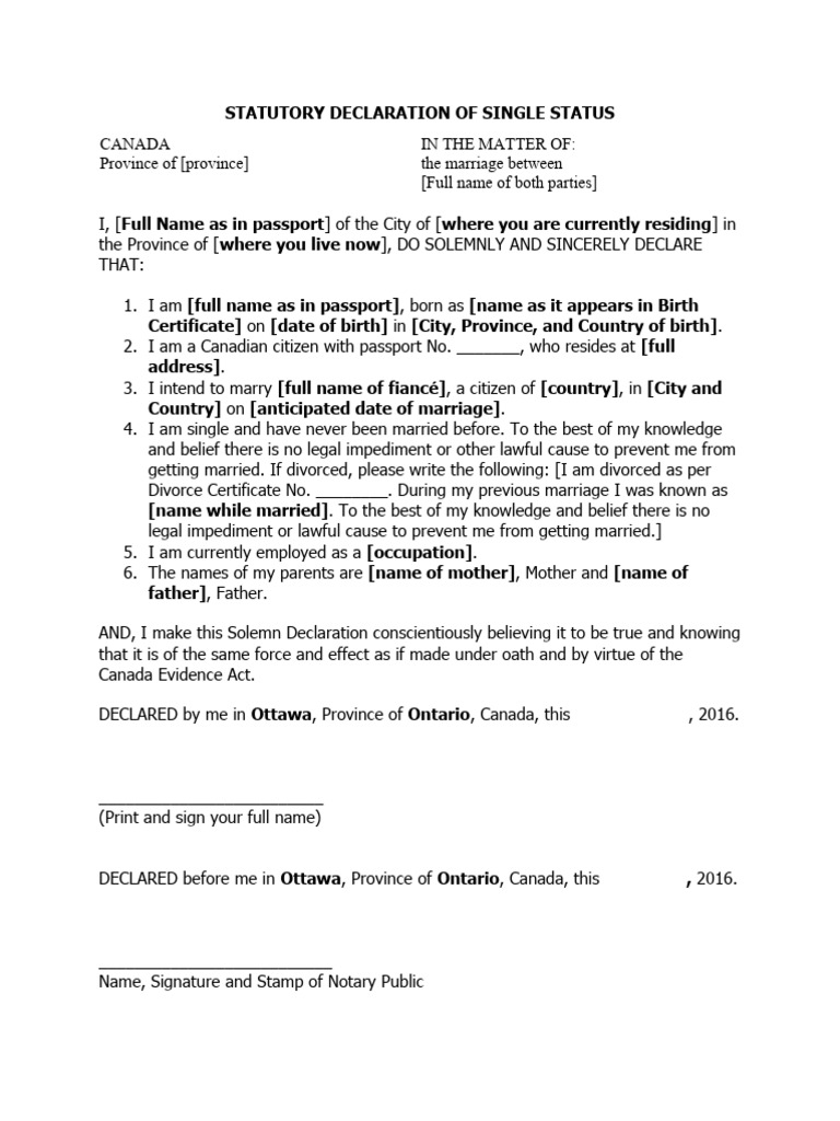 Ontario Single Status Declaration Form | PDF | Politics | Social Science