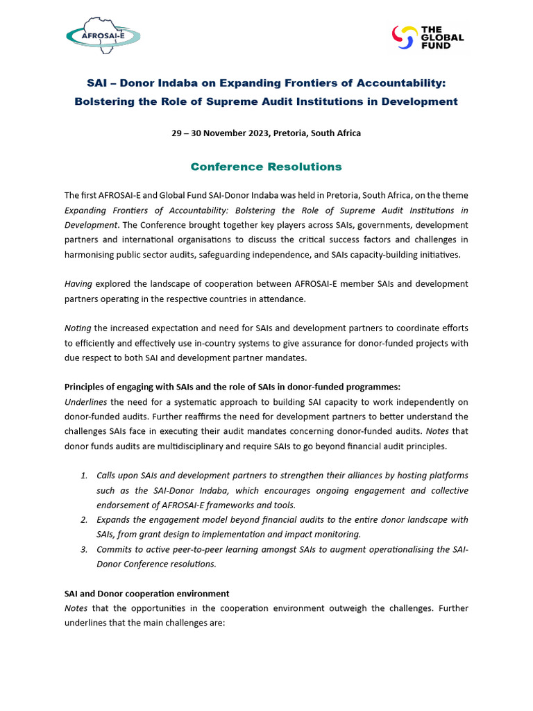 SAI-Donor Indaba 2023 Conference Resolutions | Download Free PDF ...