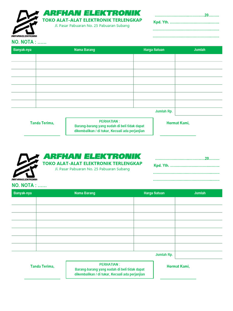 Nota Pembelian Arfhan Elektronik | PDF