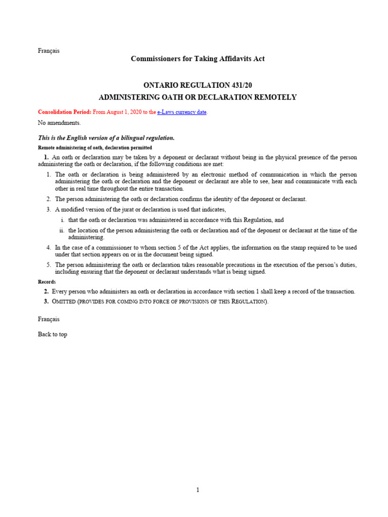 Commissioners For Taking Affidavits Act: Ontario Regulation 431/20 Administering Oath or ...