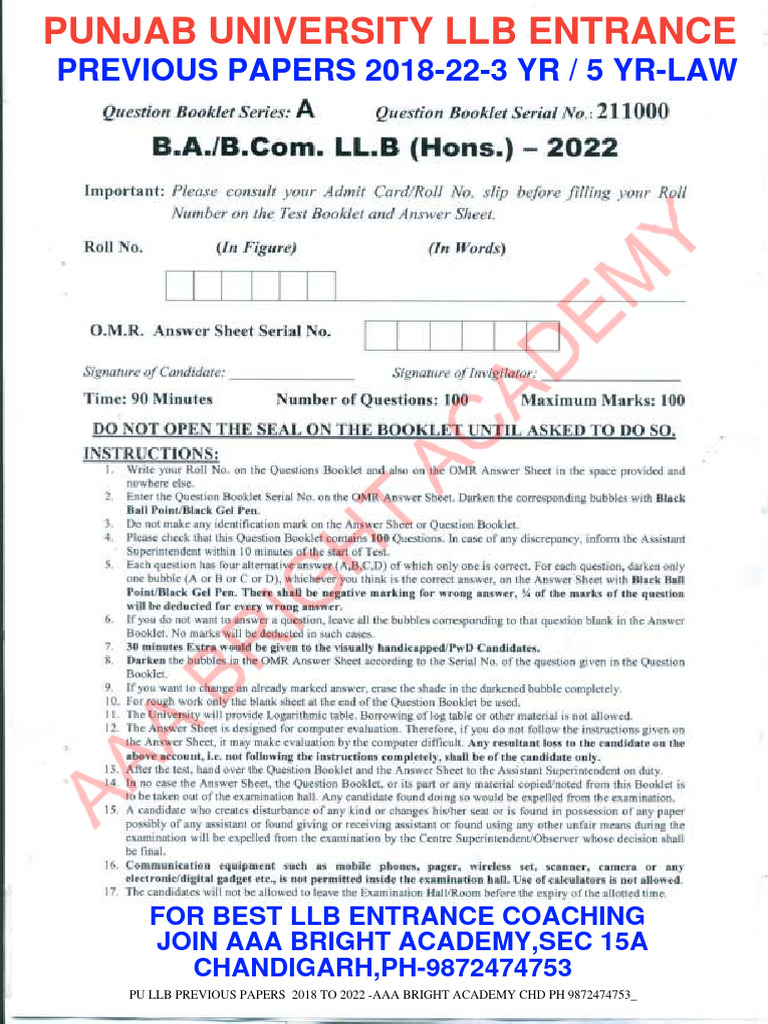 PU LLB Entrance Papers 2018-22 | PDF | Software | Mobile Computers
