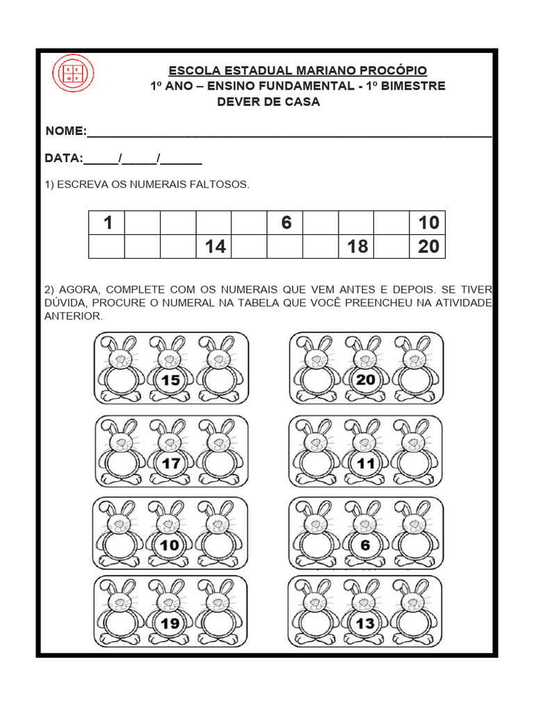 Atividade de Antecessor e Sucessor 1º Ano | PDF