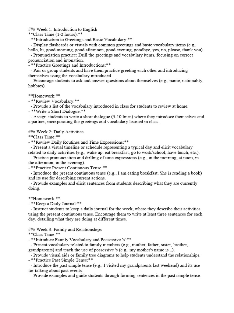 4 Weeks Plan | PDF | Grammatical Tense | Vocabulary