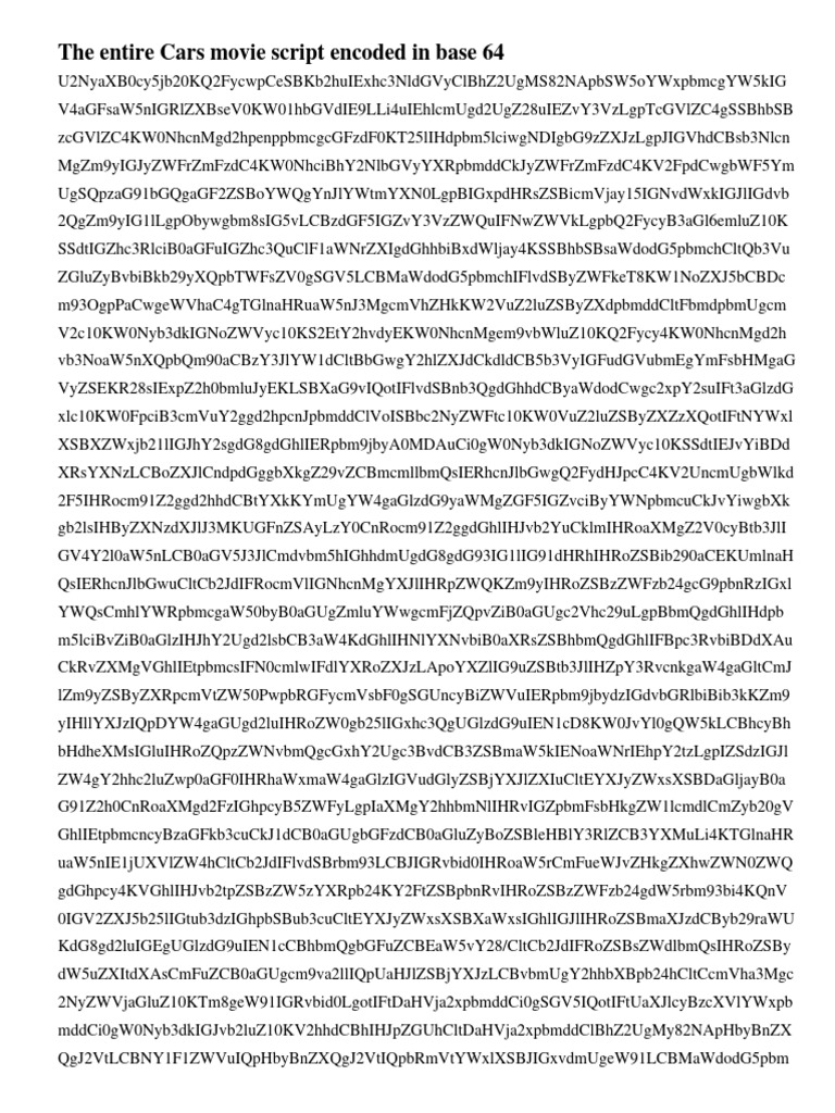 The Entire Cars Movie Script Encoded in Base 64 | PDF