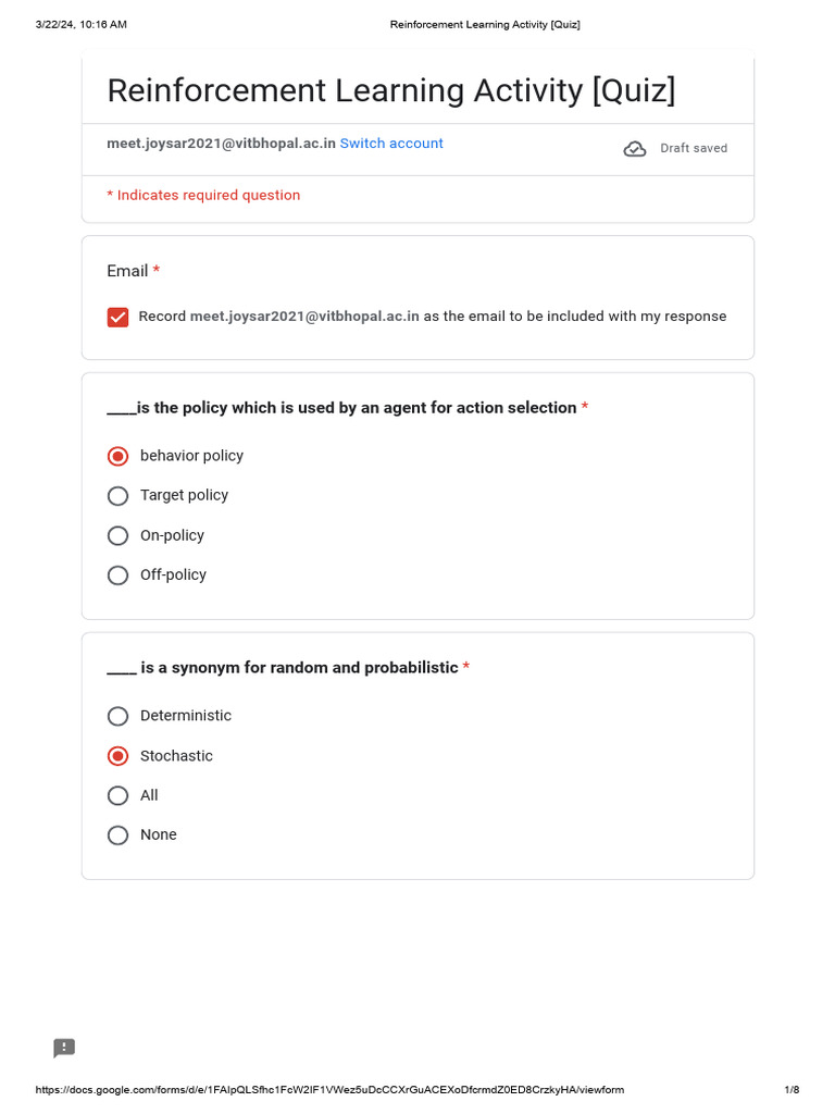 RL Quiz 22-3-24 | PDF | Algorithms | Cognitive Science