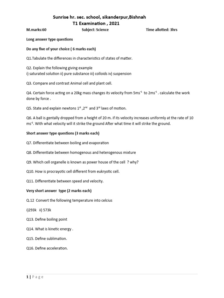 Class 9th t1 Paper | PDF