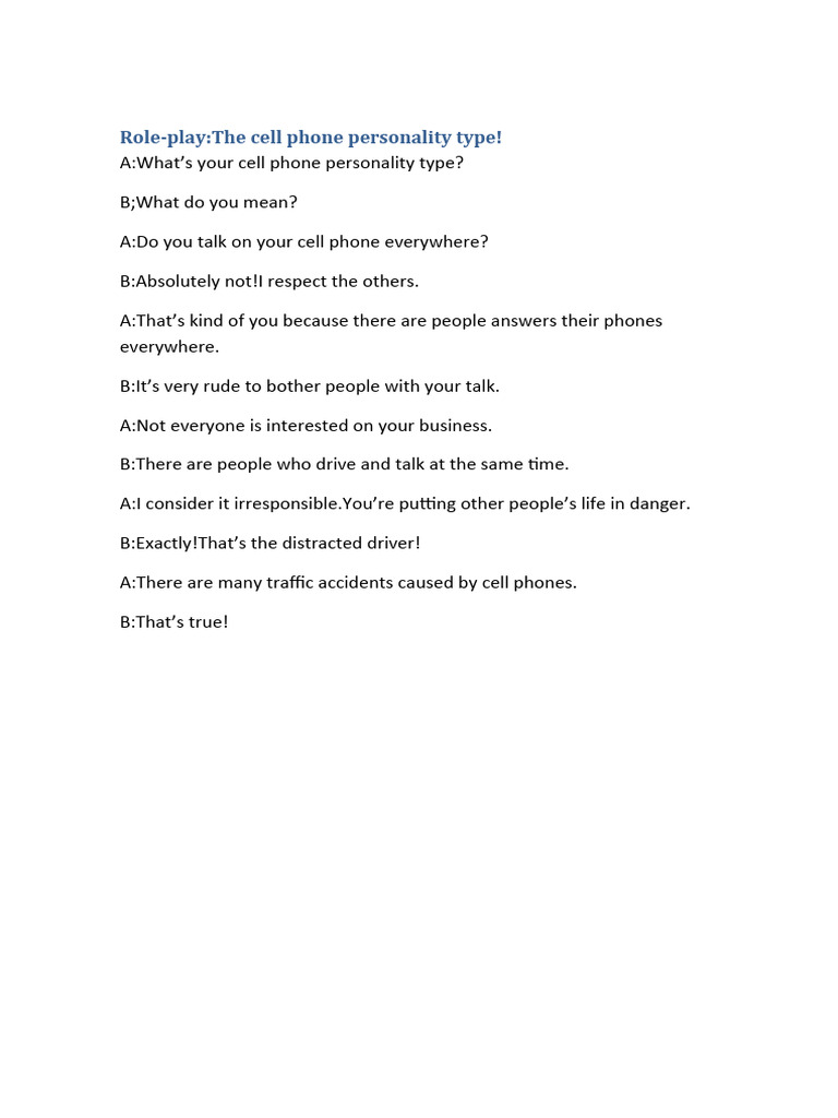 Role Play The Cell Phone Personality Type | PDF