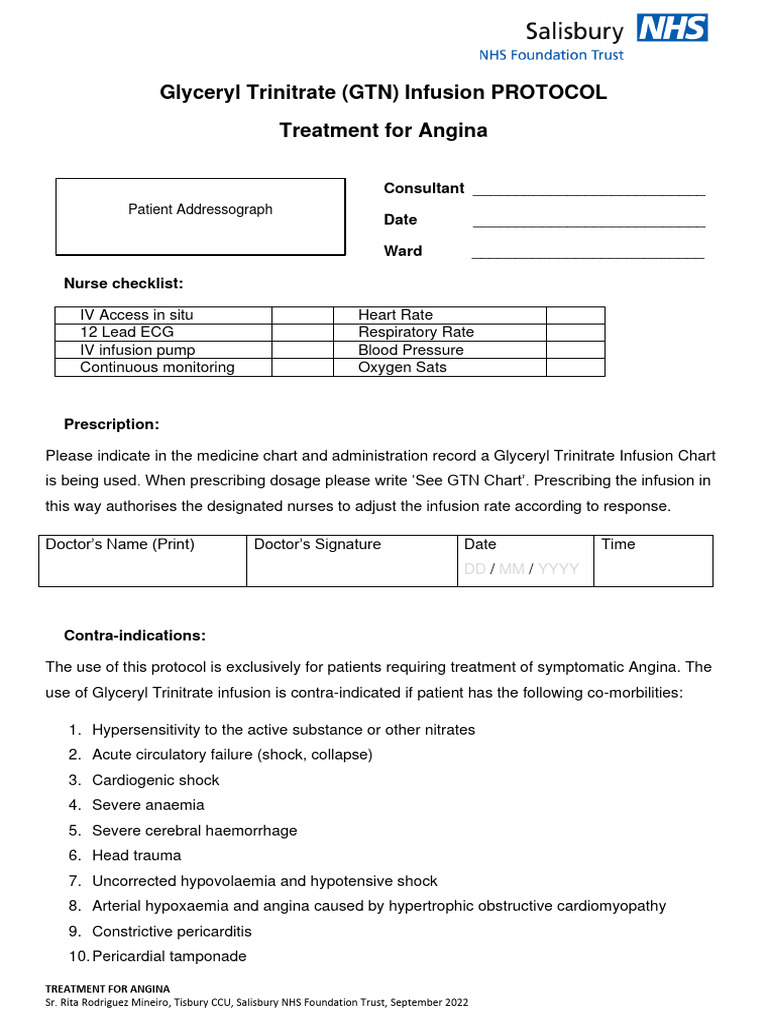 GTN Infusion Protocol | PDF | Causes Of Death | Angiology