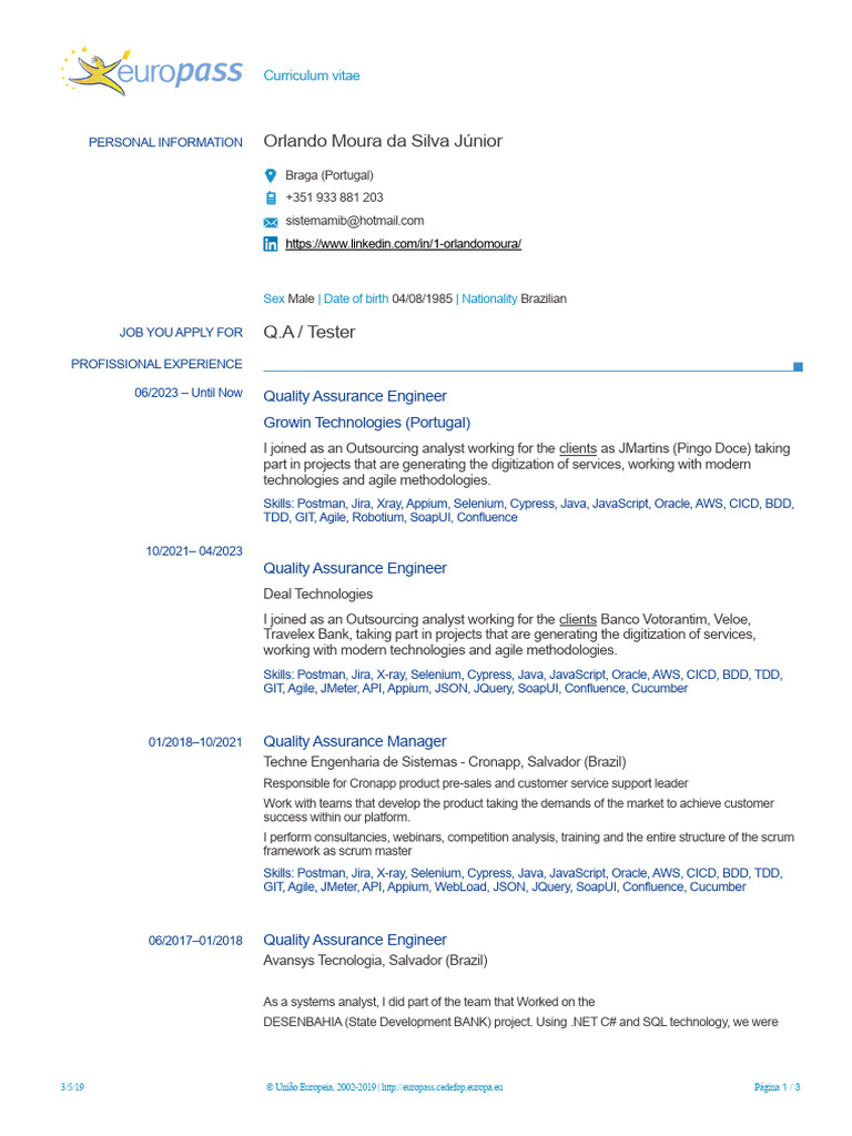 CV 2024 Europass Junior en | PDF | Selenium (Software) | Computing