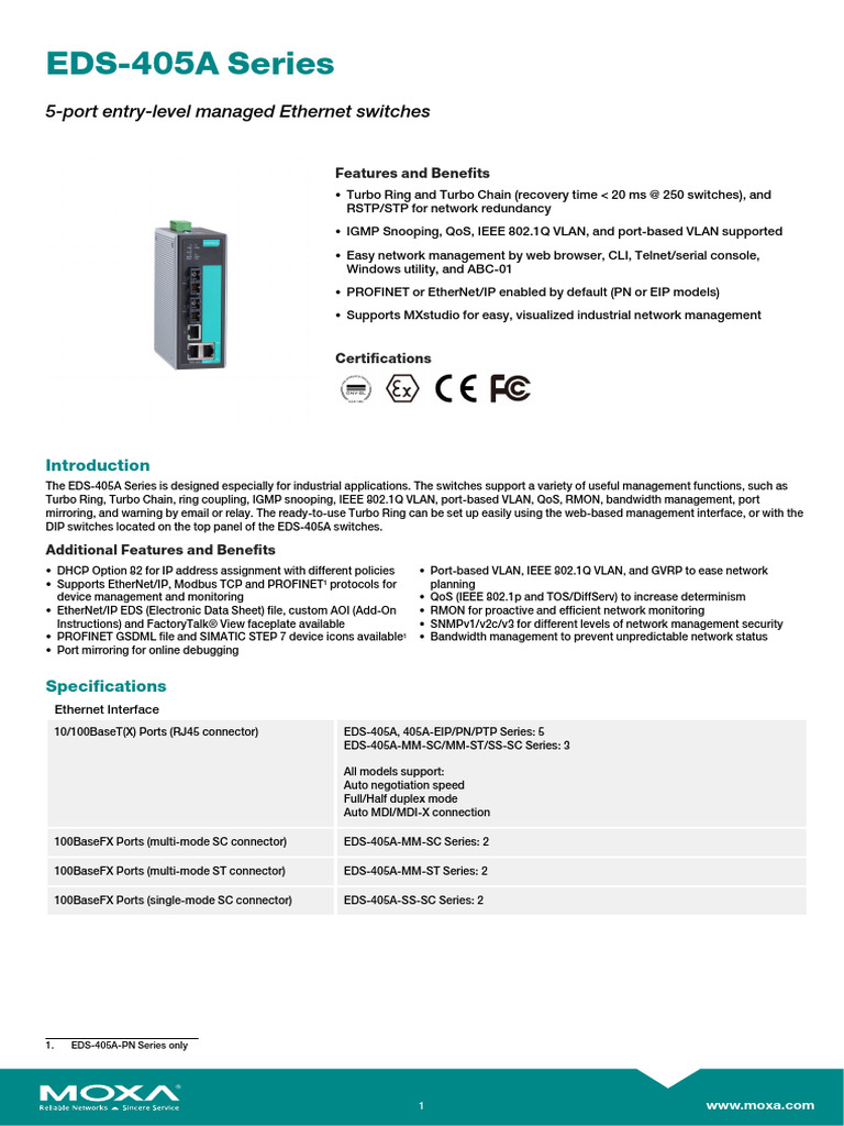 Moxa Eds 405a Series Datasheet v1.1 | PDF | Telecommunications ...