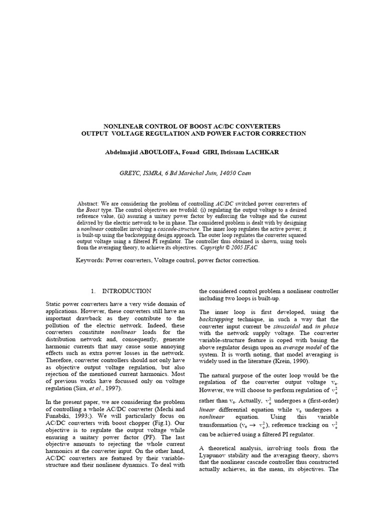 Nonlinear Control Of Boost Ac Dc Convert Pdf Control Theory Electrical Engineering