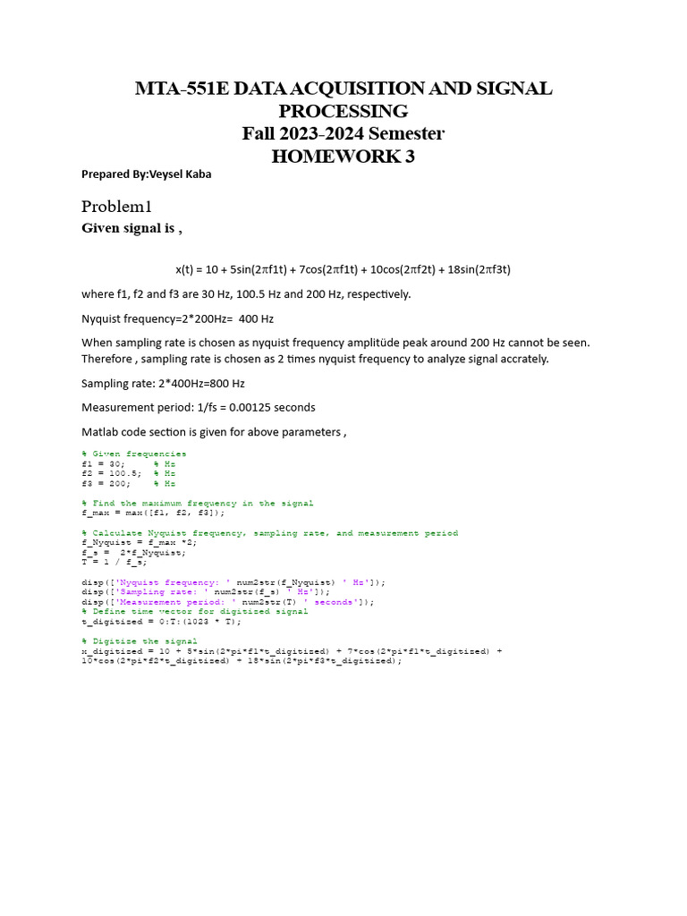 Mta-551E Data Acquisition and Signal Processing Fall 2023-2024 Semester Homework 3 | Download ...