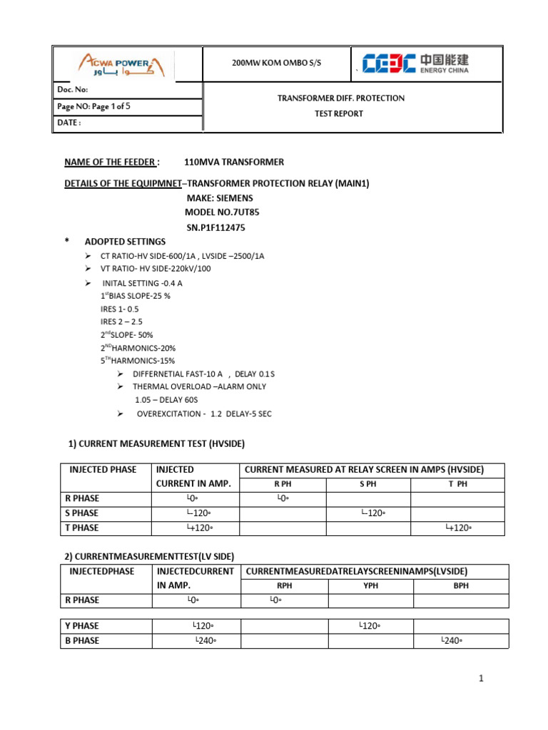 7ut85 Relay Test Report | PDF | Physical Quantities | Power (Physics)