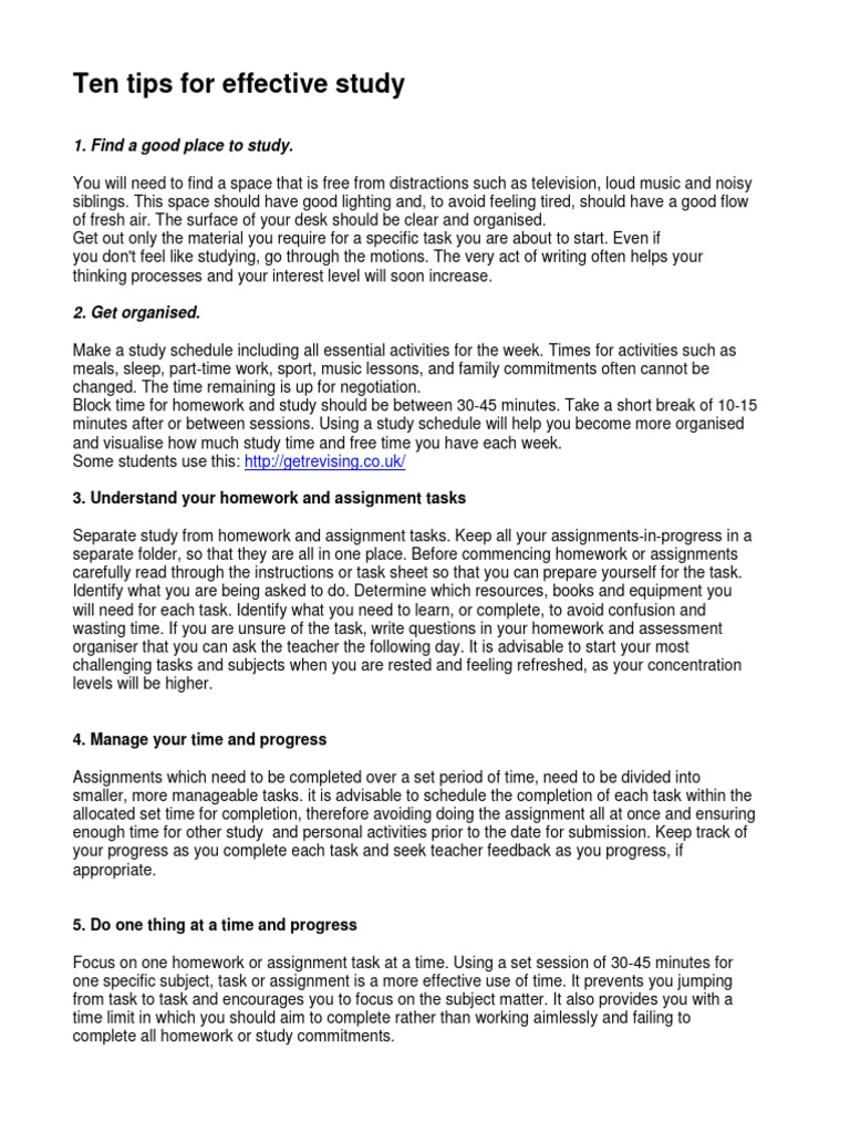 Ten-tips-for-effective-study | PDF | Homework | Cognition