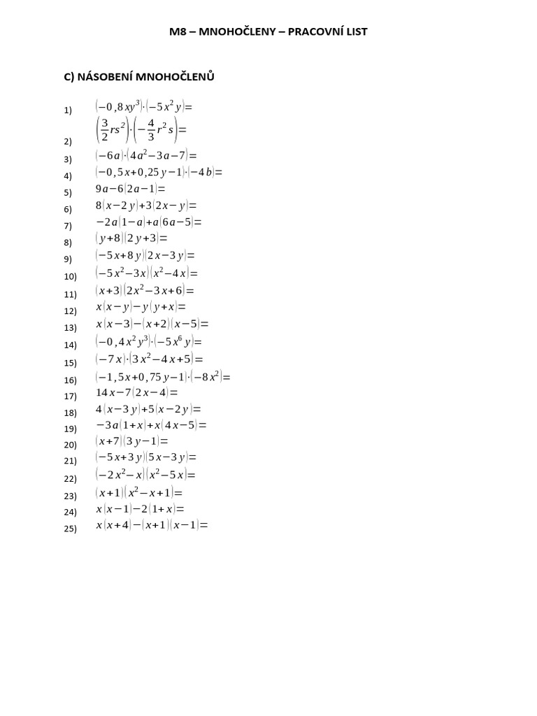 Mnohocleny Pracovni-list Násobení | PDF