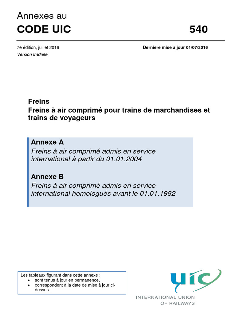 Fiche Uic 540 7eed Annexes A B | PDF | Matériel roulant ferroviaire | Transport ferroviaire