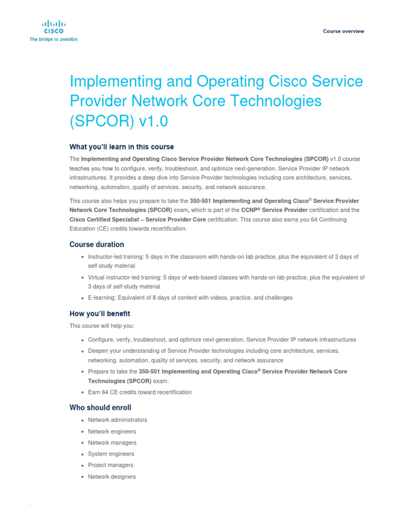 Implementing and Operating Cisco Service Provider Network Core Technologies Spcor | Download ...