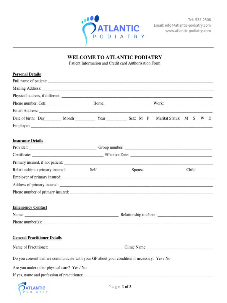 Atlantic Podiatry - New Patient Form | PDF | Foot | Clinical Medicine