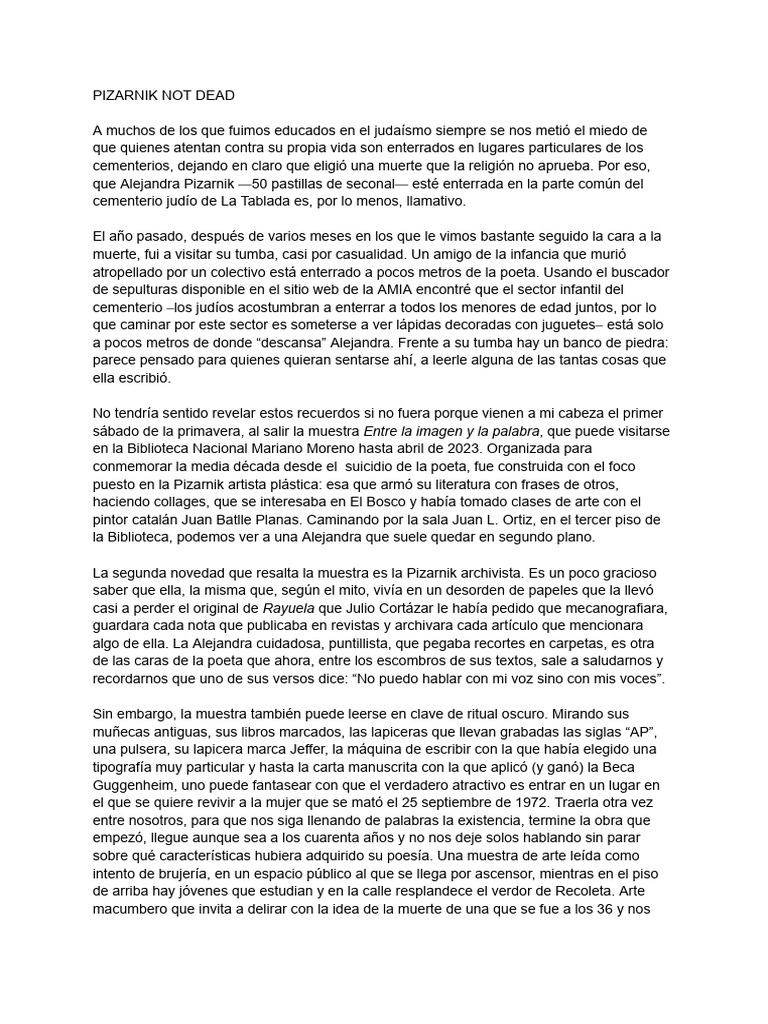 Pizarnik Not Dead - Darío Isamel | PDF | Cementerio