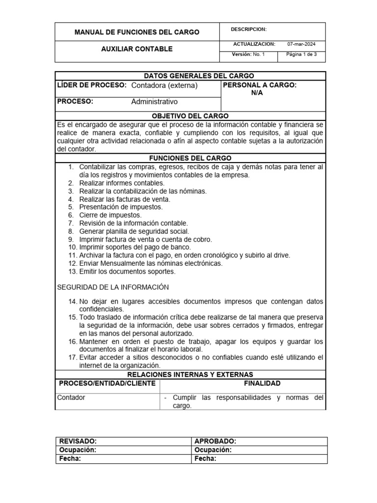 MANUAL DE FUNCIONES AUXILIAR CONTABLE | PDF | Contador | Contabilidad