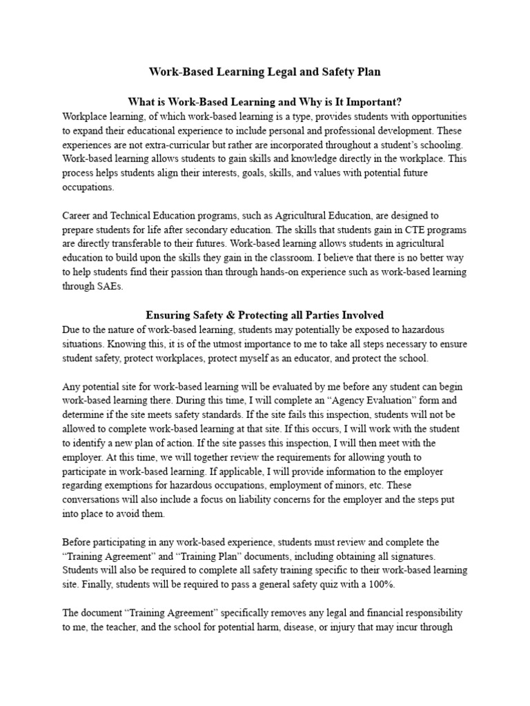 Work Based Learning Legal Safety Plan | PDF | Learning | Safety