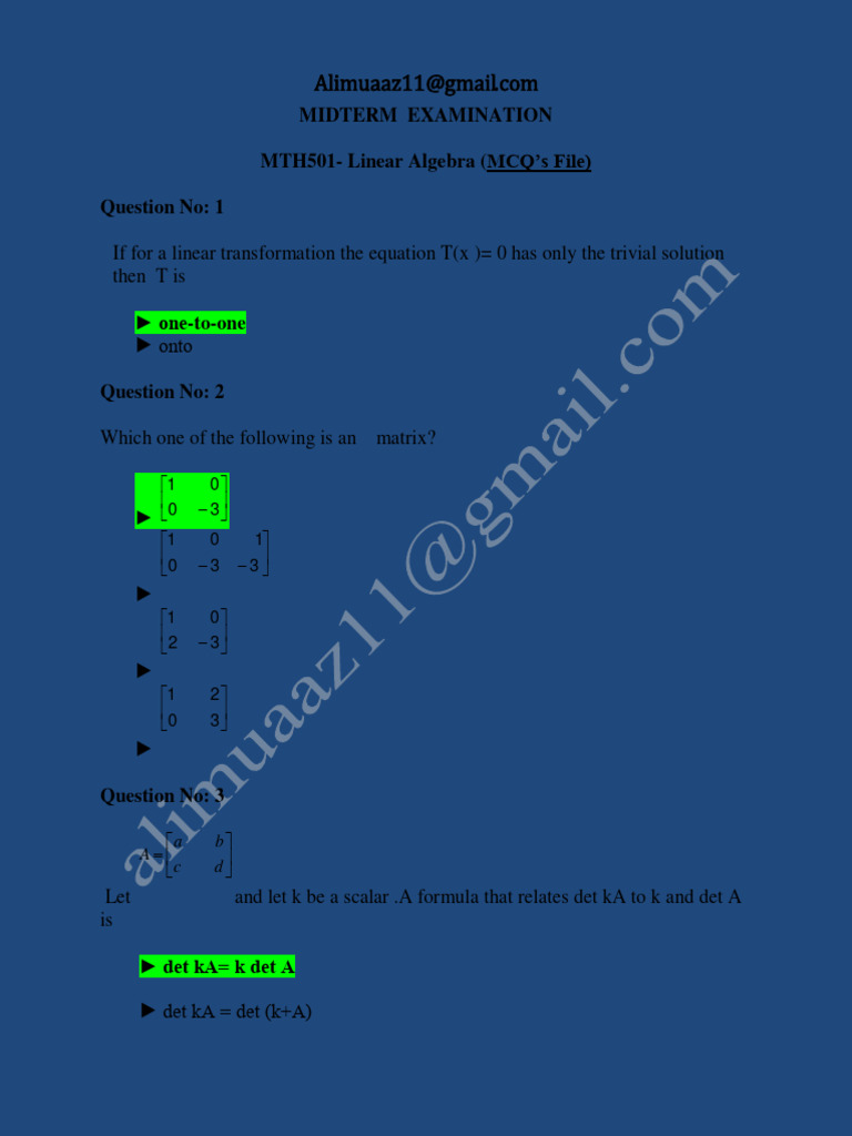 Mth501 Quiz FNLTRM MRGD File | PDF | Eigenvalues And Eigenvectors | Matrix (Mathematics)