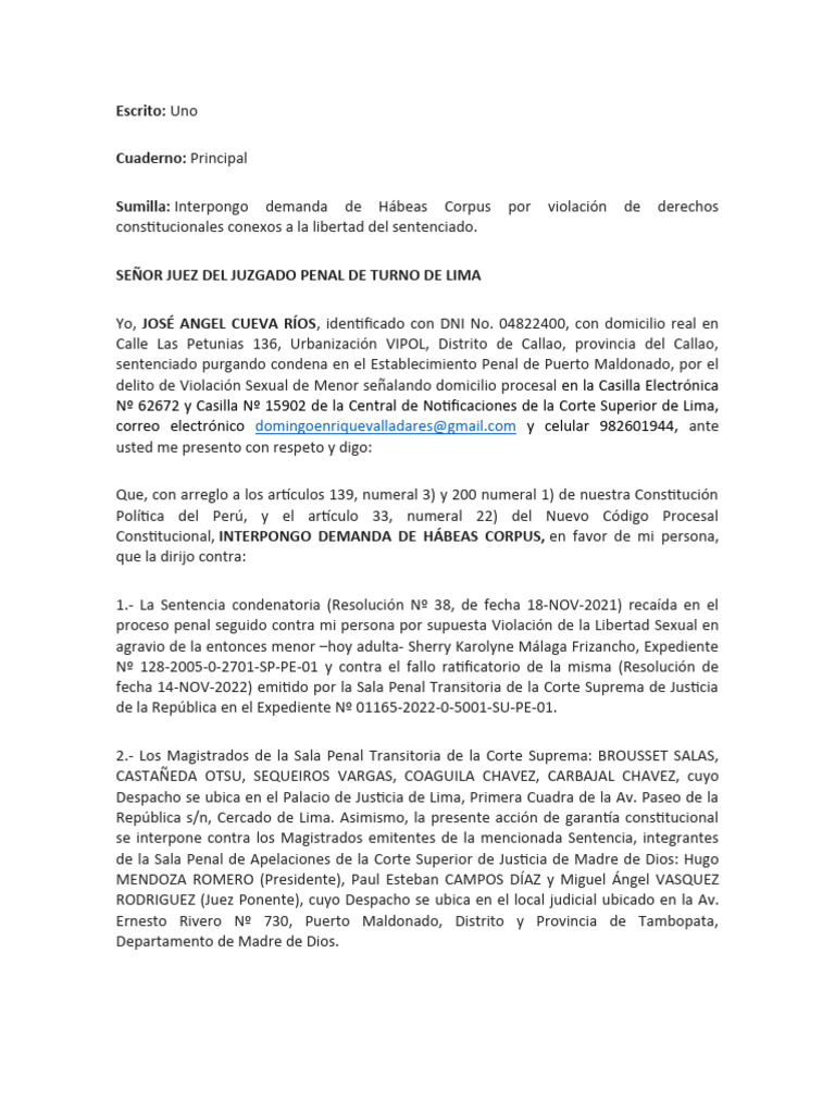 Habeas Corpus Jose Cueva | PDF | Habeas corpus | Sentencia (ley)