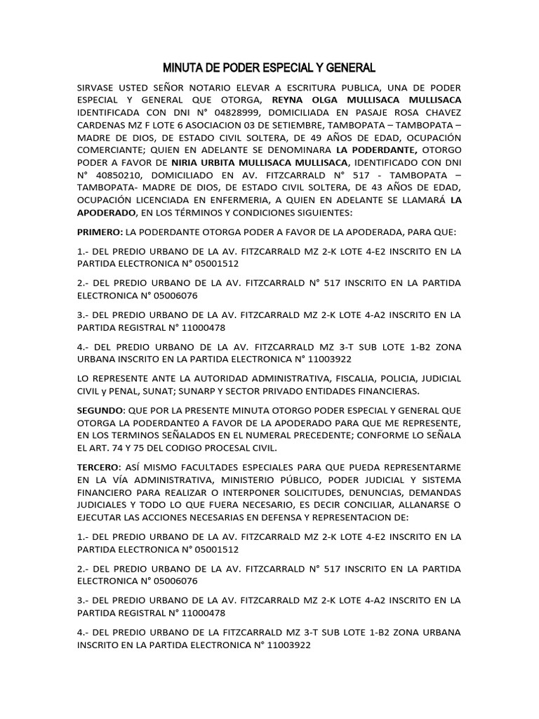 Minuta de Poder Especial y General de Reyna Mullisaca (Ultimo) | Descargar gratis PDF | Justicia ...