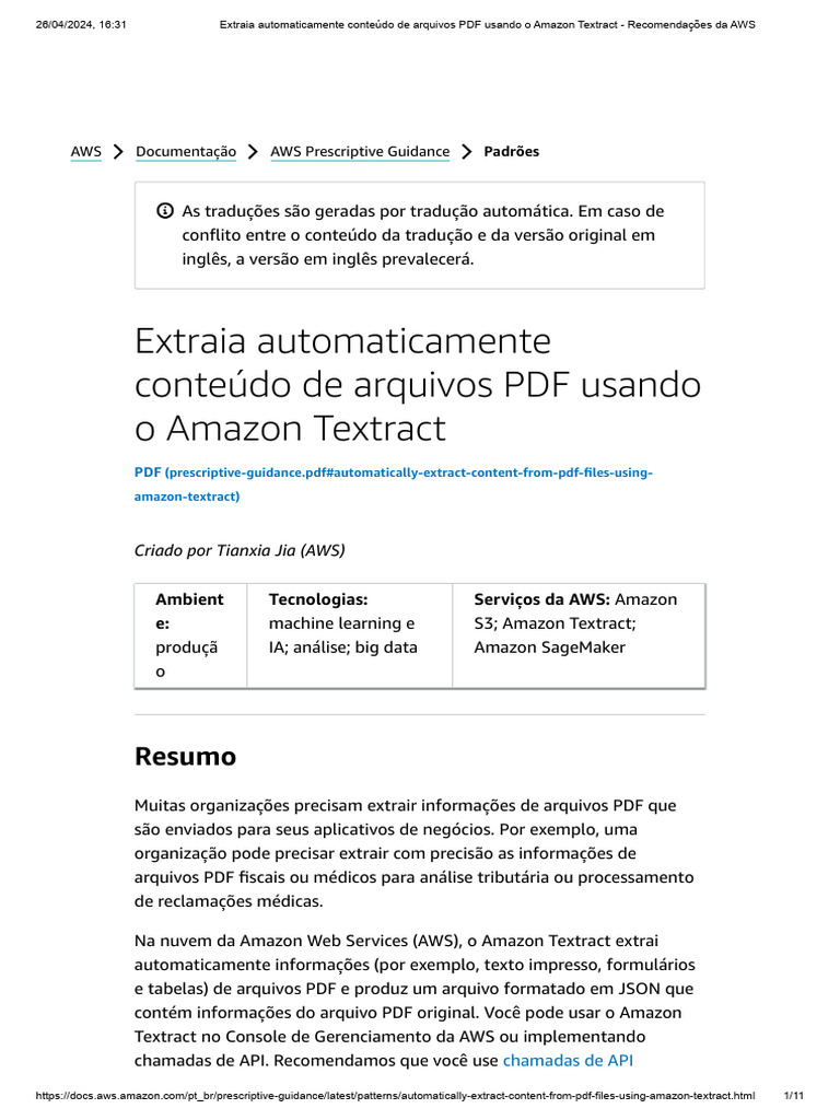 Extração de Dados de PDFs com Textract | PDF | Amazon Web Services ...