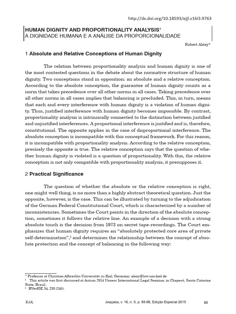 ALEXY, Robert. Human Dignity and Proportionality Analysis | Download Free PDF | Dignity | Reason