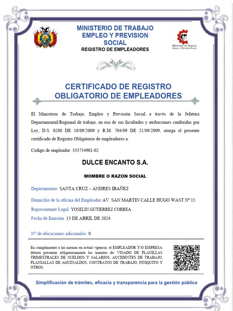 Certificado de Inscripcion Ministerio de Trabajo y Prevision Social | PDF