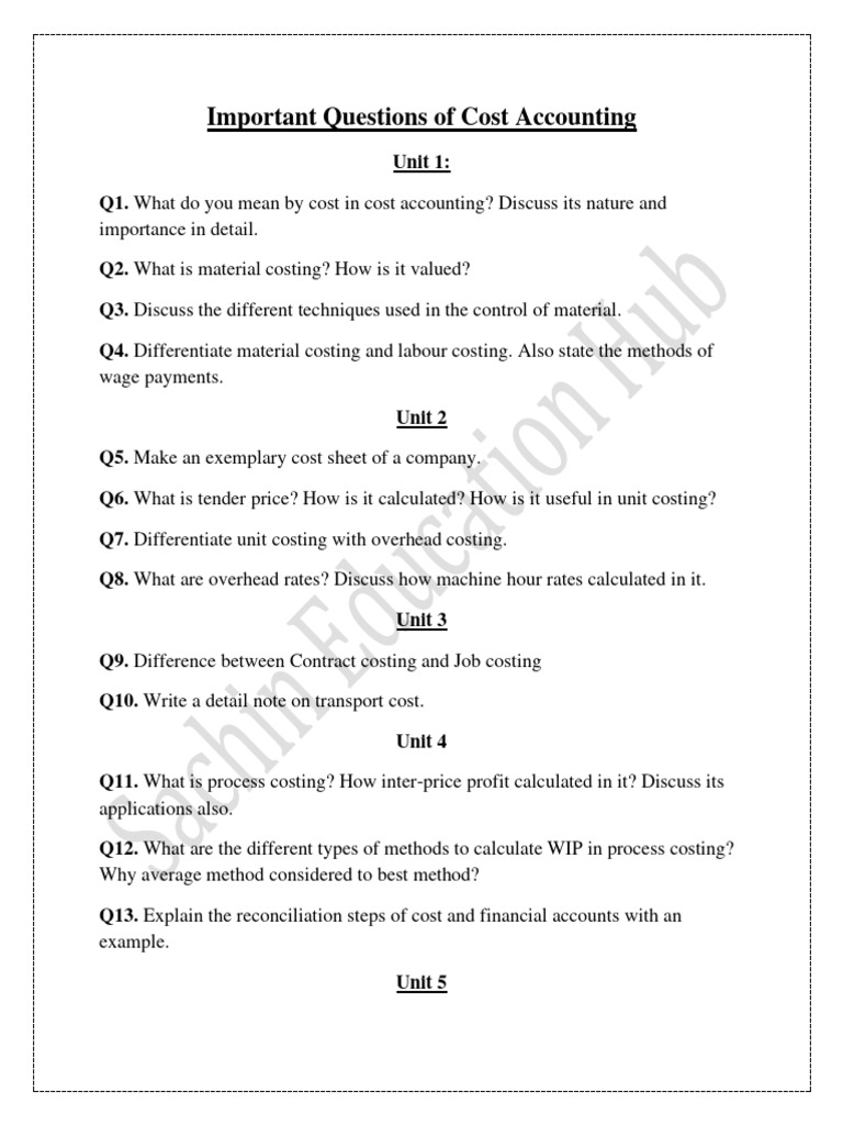 Important Questions Cost Accounting | PDF | Banks | Cost Accounting