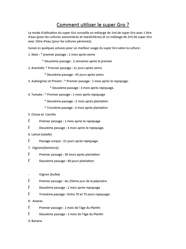 Utilisation du Super Gro en Agriculture | PDF | Plantation | Agriculture