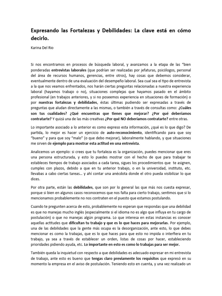 Fortalezas y Debilidades en Entrevistas | PDF | Sicología | Cognición