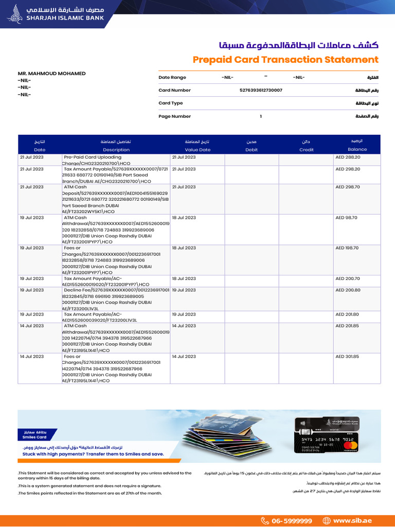 Prepaid Card Transaction Statement: Mr. Mahmoud Mohamed - NIL - NIL - NIL | Download Free PDF ...