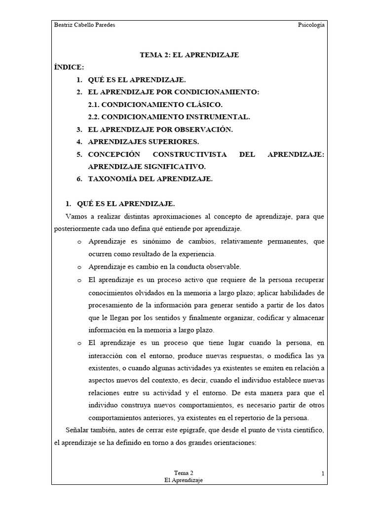 Tema 2 El aprendizaje | PDF | Aprendizaje | Reforzamiento