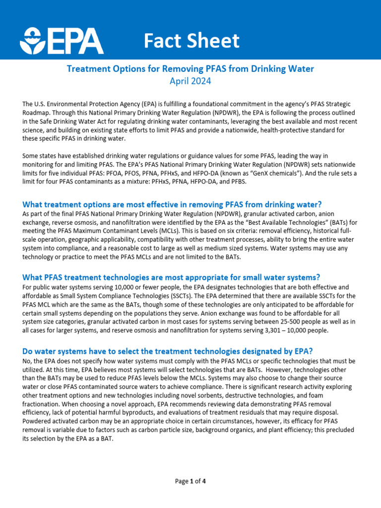 Pfas-Npdwr Fact-Sheet Treatment 4.8.24 | PDF | Ion Exchange | Membrane