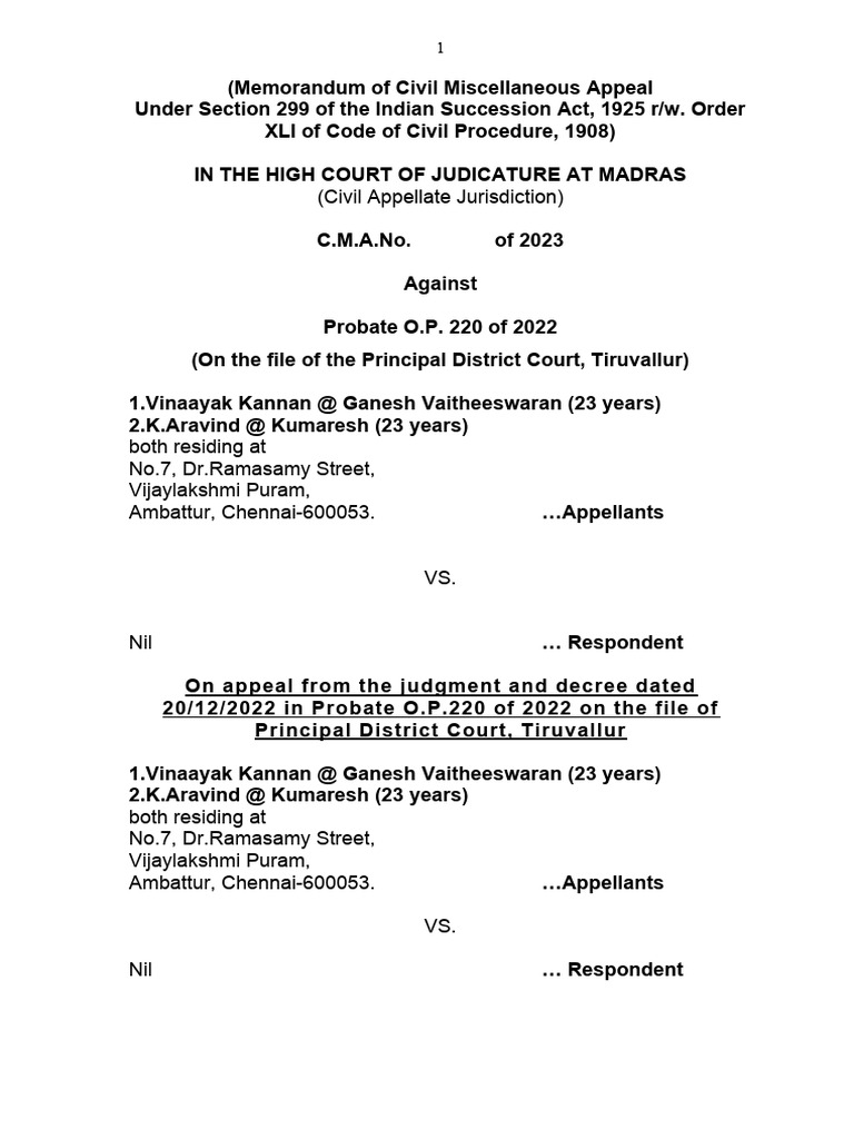 Memorandum of Civil Miscellaneous Appeal | Download Free PDF | Will And ...