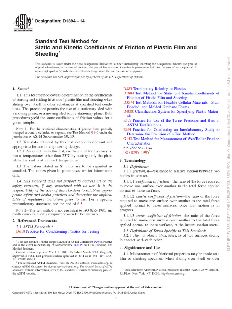 Static and Kinetic Coefficients of Friction of Plastic Film and ...